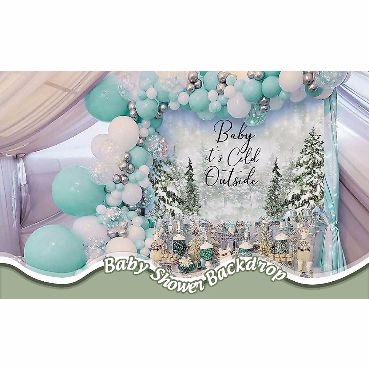 Avezano Baby It's Cold Outside Backdrop Winter Baby Shower Photo Background Props Winter Wonderland Party Decoration Winter Snowflakes Newborn Photo Photo Banner (Green, 7x5ft)