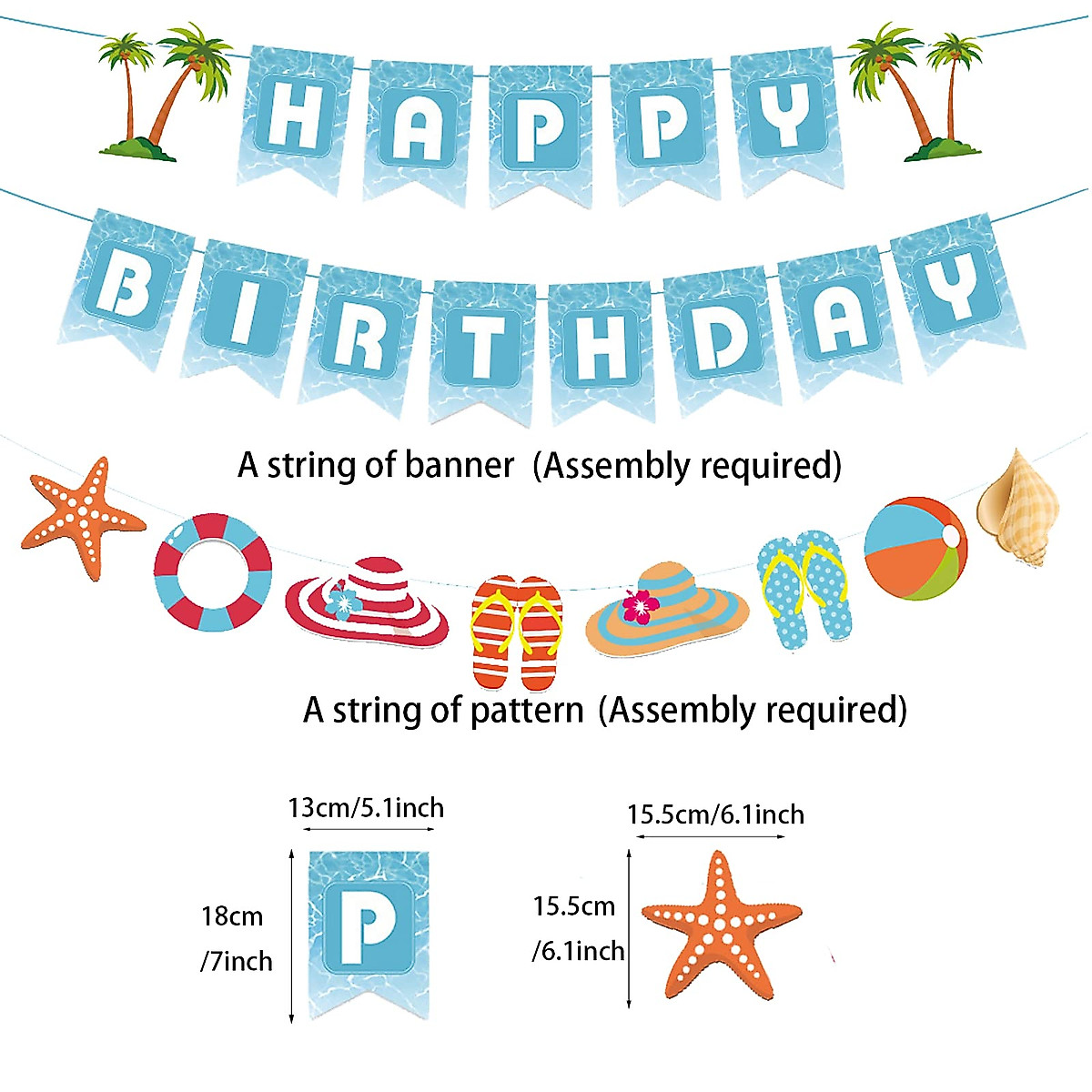 Zwiebeco Seaside Birthday Party Decoration Supplies-Blue White Happy Birthday Sign Banner Starfish Conch Hanging Paper Banner for Kids Adults Tropical Hawaiian Seaside Beach Pool Summer Birthday Decor