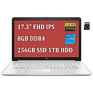 HP 17 Premium Laptop I 17.3" FHD IPS Display I 11th Gen Intel 4-Core i5-1135G7 (> i7-10510U) I 8GB DDR4 256GB SSD 1TB HDD I Intel Iris Xe Graphics Webcam Win10 Silver + 32GB Micro SD Card