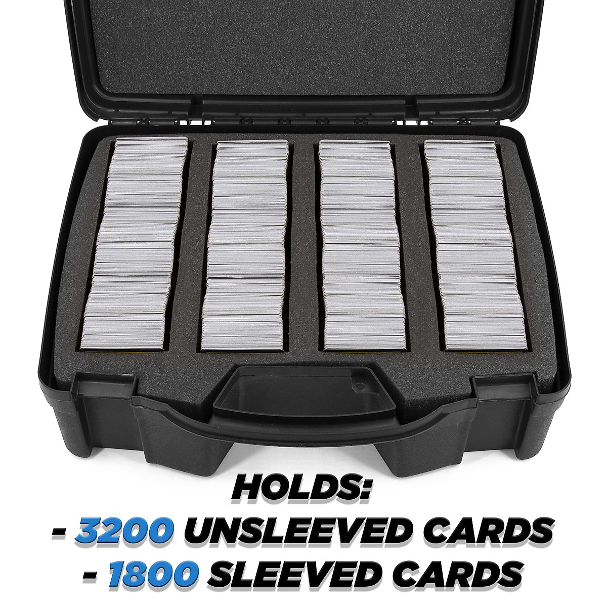 CASEMATIX Trading Card Case Organizer for 3200 Cards - 16" Hard Shell Holder with 40 Dividers and Protective Foam Interior for Card Game Storage