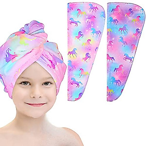 Basumee Microfiber Hair Towel Wrap for Kids 2 Pack Rapid Drying Hair Towel with Button Hair Turbans for Wet Hair Wraps Head Towel Wrap for Women and Girls, Unicorn