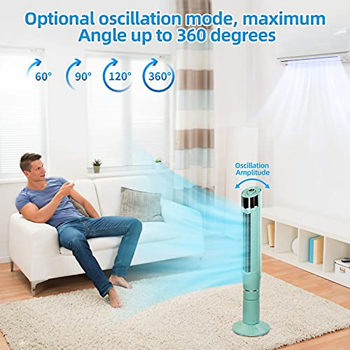 R.W.FLAME Tower Fan,360° oscillating standing fan, Room Fan, Portable Bladeless, Quiet Floor Fan with Remote, 8 Speeds, 3 Modes, 24H Timer for Bedroom, and Home Office Use (47-inch, GREEN)