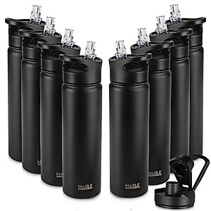 HASLE OUTFITTERS Insulated Water Bottle 22 oz Double Wall Stainless Steel Water Bottle Wide Mouth with Straw Lid & Spout Lid Keeps Cold or Hot(Black,8)