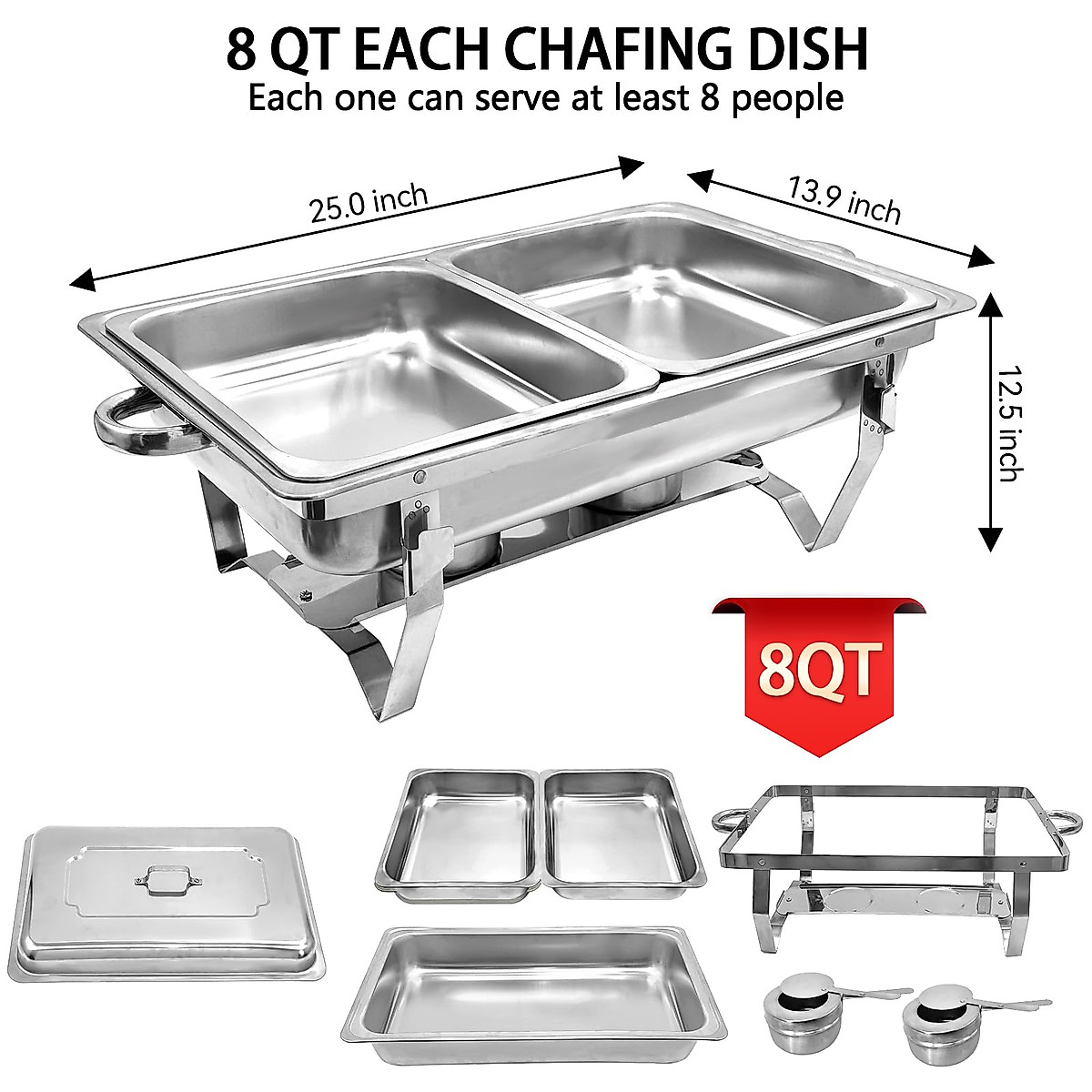 EVGTTI Chafing Dish Buffet Set, 2 Pack 8 Qt, Stainless Chafer w/ 4 Half Size Pans, Rectangle Catering Warmer Server w/Lid Water Pan Folding Stand Fuel Tray Holder Clip, at Least 8 People Each