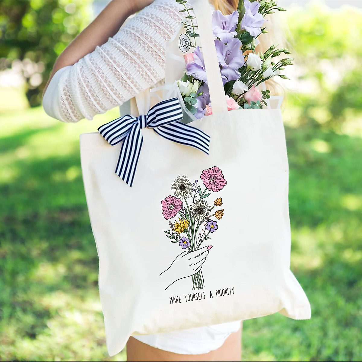 Andeiltech Canvas Tote Bag for Women Aesthetic Floral Tote Bag Wildflower Printed Book Lover Shoulder Reusable Grocery bags