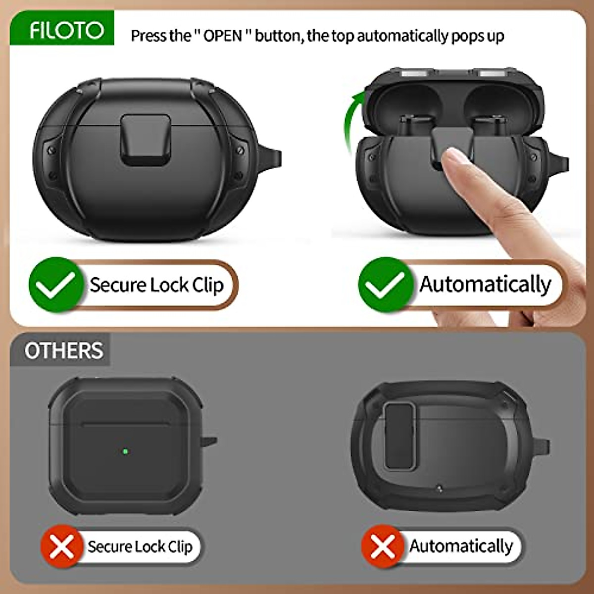 Case for Beats Studio Buds (2021) / Beats Studio Buds+ (2023), Filoto Secure Lock Hard Shockproof Protective Earbuds Case Cover Accessories with Keychain for Men Women(Black)