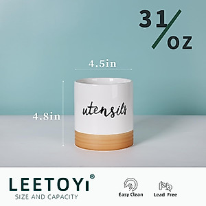 LEETOYI Ceramic Utensil Holder, Utensil Crock for Kitchen Counter, Farmhouse Kitchen Decor, Countertop Utensil Storage Caddy Organizer, Easy to Clean 4.5 inch, White