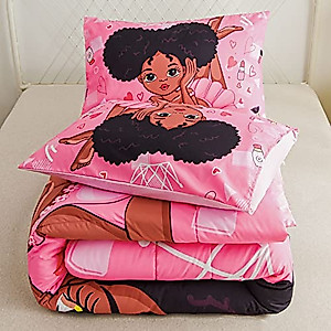 Black Girl Magic Comforter Set, African American Girls Comforter Set Full Size for Kids Teens, Black Girl Bed Set for Girls, Cute Black Girl Pink Princess Bedding Sets for Girls Bedroom Decor