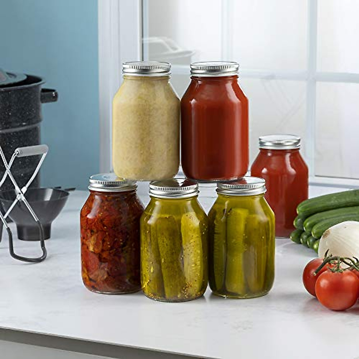 Paksh Novelty Glass Regular Mouth Mason Jars, 32 Oz Jars with Silver Metal Airtight Lids for Meal Prep, Dry Food Storage, Canning, Drinking, Overnight Oats, Jelly, Spices, Salads, Yogurt (6 Pack)