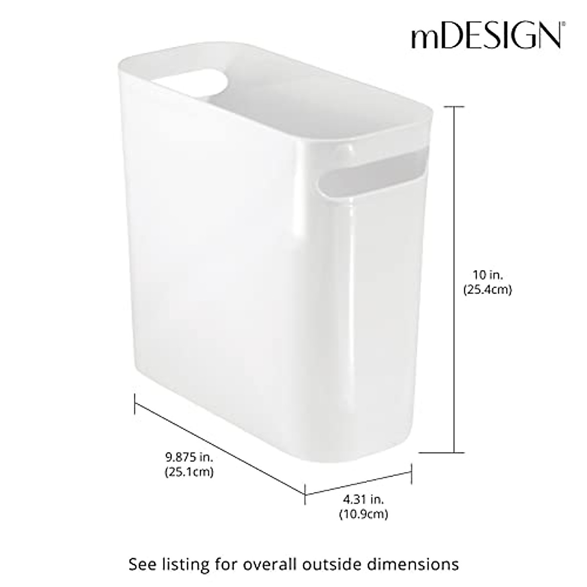 mDesign Plastic Small Trash Can, 1.5 Gallon/5.7-Liter Wastebasket, Narrow Garbage Bin with Handles for Bathroom, Laundry, Home Office - Holds Waste, Recycling, 10" High, Aura Collection, 2 Pack, White