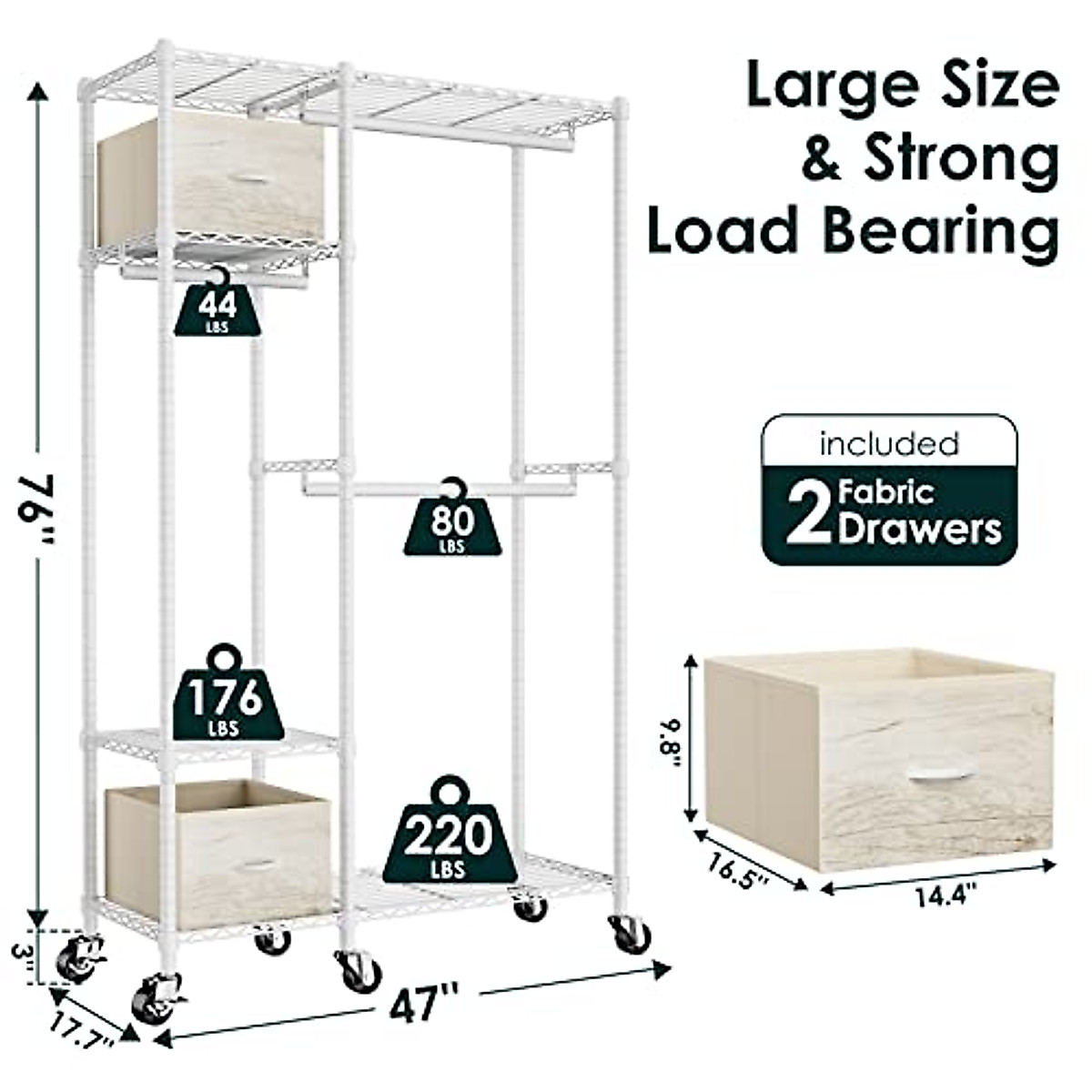 Memobarco Clothes-Rack, Metal Clothing-Rack, Heavy Duty Rolling Garment Rack with 4 Tiers Wire Shelving, 3 Hanging Rods & 2 Storage Drawers, Freestanding Portable Closet Wardrobe, White