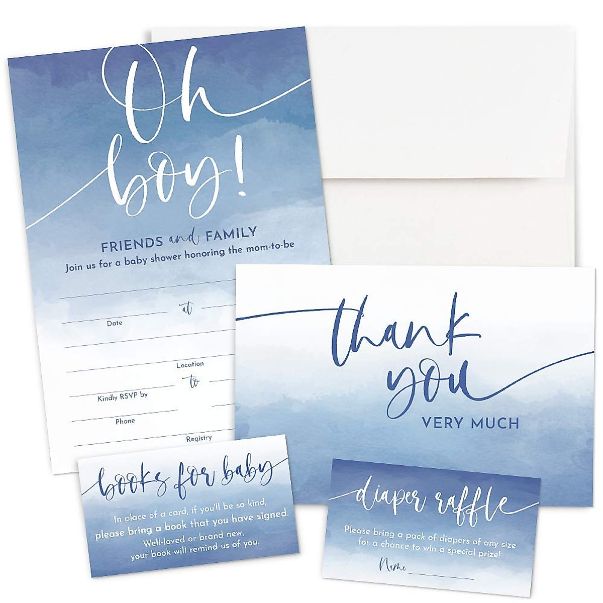 Baby Shower Invitations Set for Boys - 25 Blank Fill-in Invites with Envelopes, Books for Baby, Diaper Raffle, and Thank You Cards - Blue Watercolor