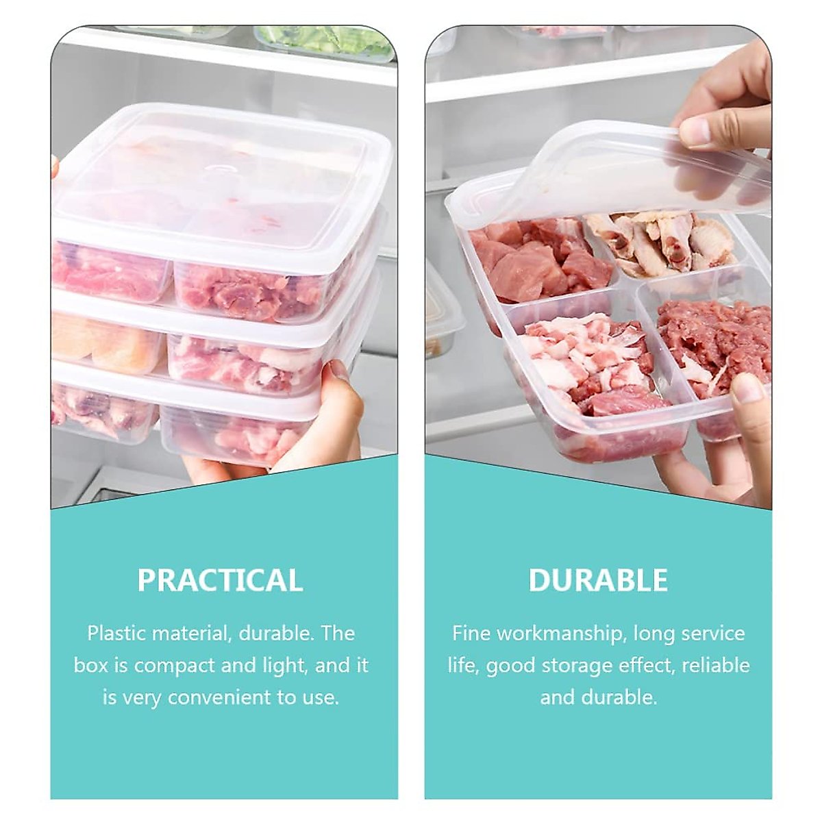 Angoily Veggie Bacon 2pcs Refrigerator Organizer Bins Divided Food Storage Containers with Lids Plastic Snack Container 4 Removable Boxes Stackable for Fridge S Bin Storage Organizer