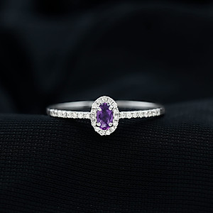 Rosec Jewels Natural Amethyst Minimal Halo Ring| 3X5 MM Oval| AAA Quality| Engagement Ring for Women, 14K White Gold, Size:US 10.00