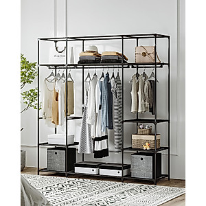 Hzuaneri Closet Wardrobe, 64-inch Portable Closet for Bedroom, 3 Clothes Rail with 9 Compartments Shelves, Freestanding Clothes Storage Organizer for Cloakroom, Black WH0203