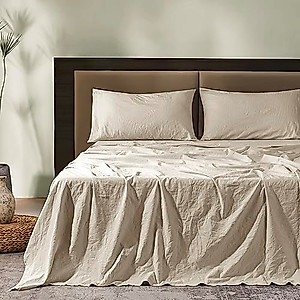 SONORO KATE 100% French Pure Linen Sheets, Breathable and Durable Line King Size Sheets, Anti-Tear Line Bed Sheets, Machine Washable, 16 Inch Deep Pocket - 4 Piece (Natural Linen, King)