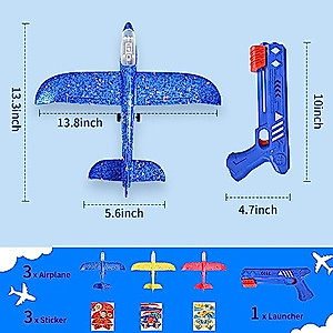 3 Pack Airplane Launcher Toy, 2 Flight Modes LED Foam Glider Catapult Plane Toy with 3 DIY Stickers for Boys, Outdoor Flying Toys for Boys Girls for 4 5 6 7 8 9 10 12 Year Old Kids Birthday Gifts