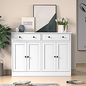 holzart White Buffet Storage Cabinet with Doors and Drawers, 49" W Coffee Bar Cabinet, Kitchen Buffet Sideboard for Living Room, Kitchen