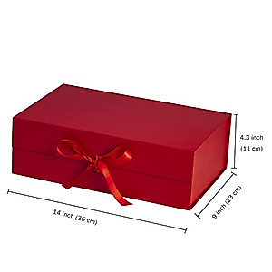 WRAPAHOLIC 2Pcs Red Gift Box with Satin Ribbon, 14x9x4.5 Inches Collapsible Gift Box with Magnetic Closure for Wedding, Party, Gift Wrap, Bridesmaid Proposal, Storage