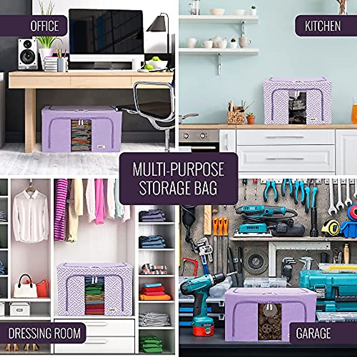 Foldable Clothes Storage Bag Organizer Pop Up Bins Strong Handle Quality Fabric for Collapsible Closet Boxes 4 Pack (Large) (Lavender)