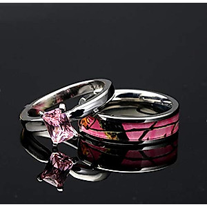 4pcs His Hers Camo Pink Radiant Stainless Steel Sterling Silver Wedding Ring Set (Size His 11, Hers 10)