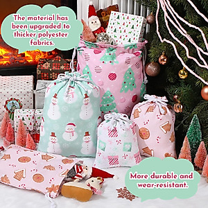 Clysee 10 Pcs Pink Christmas Fabric Gift Bags with Drawstrings Xmas Stocking Storage Sacks Large Medium Small Reusable Christmas Gift Bag Cotton Wrapping Bags for Xmas Presents Party Favor