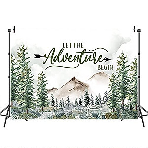 Mocsicka Adventure Awaits Baby Shower Backdrop Pine Tree Mountain Wilderness Adventure Woodland Animals Background Vinyl Let The Adventure Begin Party Photography Backdrop for Photoshoot (7x5ft)