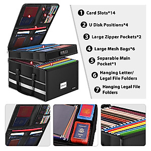 DocSafe Fireproof Document Box, Multi-Layer File Box with Lock,Portable Collapsible File Storage Organizer Box with Mesh Pockets,Large Home Office Filing Box for Hanging Both Letter and Legal Folders