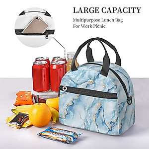 Blue Marble With Gold Glitter Marbling Texture Lunch Bag Reusable Insulated Lunch Tote Bag Lunchbox Container With Adjustable Shoulder Strap For Office Work School Picnic Travel