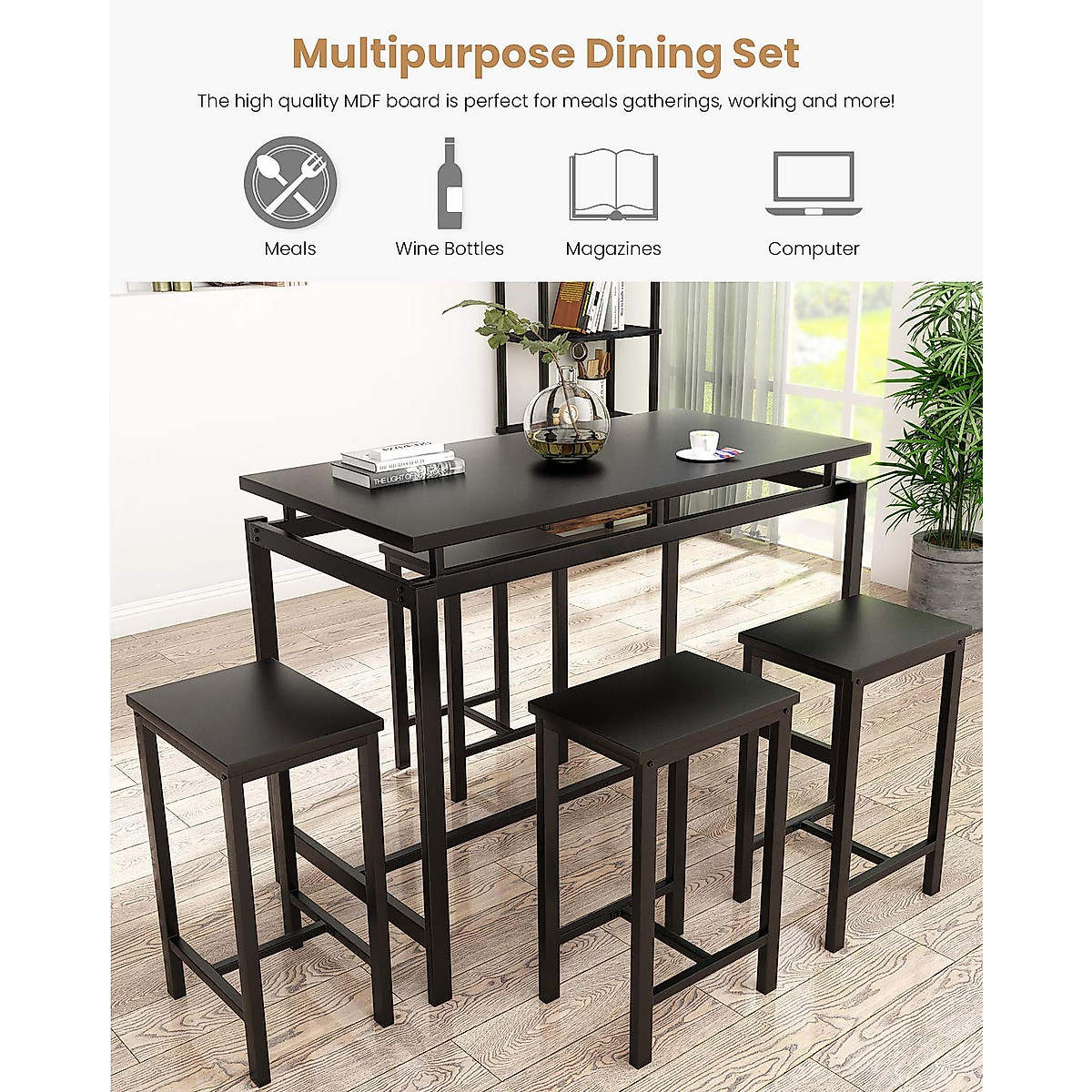 Recaceik 5 PCS Dining Table Set, Modern Kitchen Table and Chairs for 4, Wood Pub Bar Table Set Perfect for Breakfast Nook, Small Space Living Room