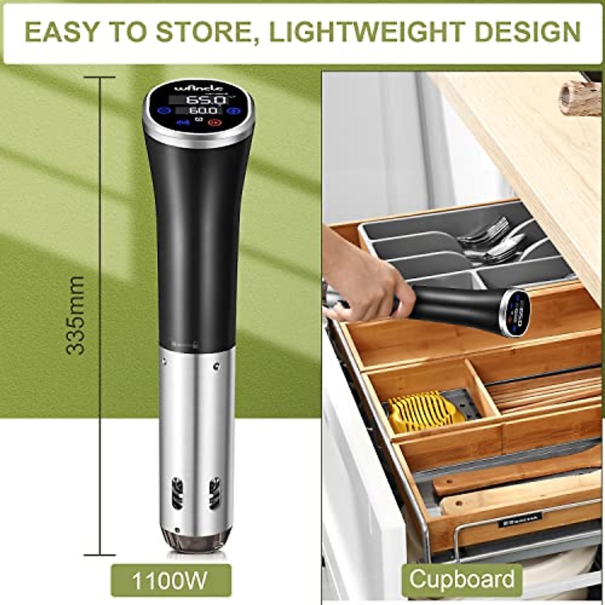 Wancle Sous Vide Cooker Machine 1100W IPX7 Immersion Circulator, with Reservation Function, Easy to store