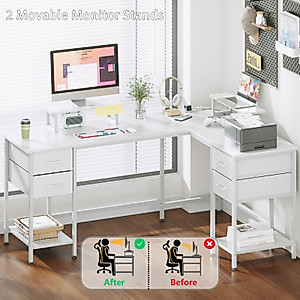 Korfile L Shaped Computer Desk with Power Outlets, Home Office Desk with 4 Adjustable Storage Drawers, Corner Desk with 2 Monitor Stands, Two Person Gaming Desk for Bedroom, 59 inch, White