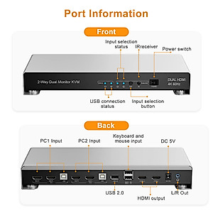 KVM Switch 2 Monitors 2 Computers, 4K@60Hz Dual Monitor KVM Switch HDMI 2 Port Extended Display, Audio & Microphone, EDID Emulators, Hotkey & Remote & Button Switch, with Input Cables