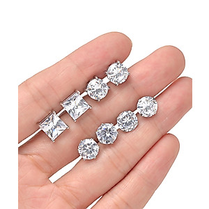 Ofeiyaa 12 Pairs Stainless Steel Stud Earrings Cubic Zirconia Cartilage Barbell Earring Set for Men Women Black Silver Tone 8mm