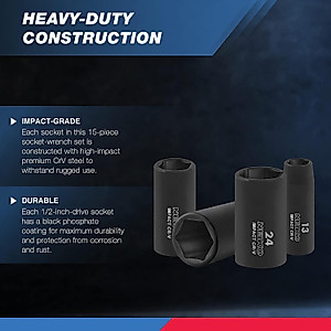 NEIKO 02474A 1/2" Impact Socket Set, 15 Piece Metric Socket Set 10-24 mm, Deep Sockets, 6 Point, 1/2” Drive Sockets for 1/2" Impact Wrench, Chrome Vanadium Cr-V