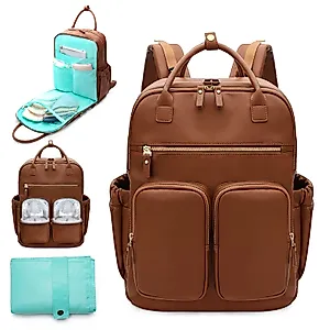MOMINSIDE Diaper Bag Backpack with 18 Pockets, Leather Baby Bag for Mom Dad, Travel Baby Bag for Girl Boy, Large Wet Pocket, 4 Insulated Pockets, Stroller Straps, Brown