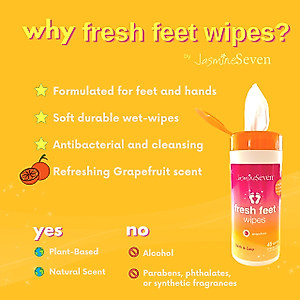 Fresh Feet Wipes -for Kids and Adults - Antibacterial Refreshing Grapefruit Wet Wipes Resealable Canister - 45 foot, hand, body wipes | by Jasmine Seven