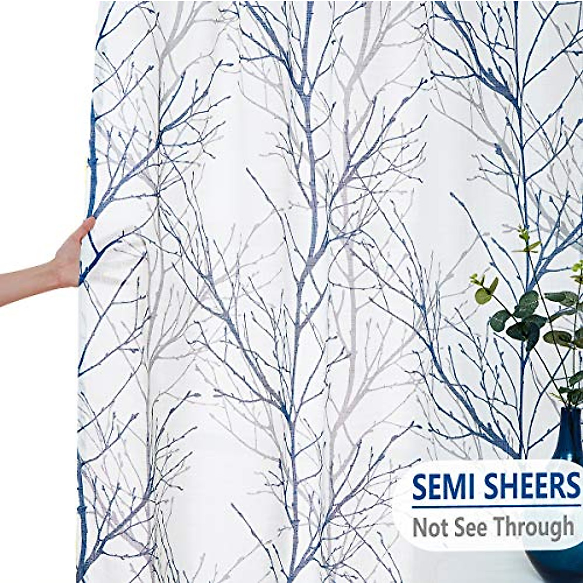 FMFUNCTEX Print Blue White Semi-Sheer Curtain Panels for Bedroom 63” Grey Tree Branch Printing on Linen Textured Window Treatment Set for Living Room Draperies 50”w 2-Pack