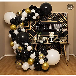 100pc EASY DIY – Black White Gold Balloon Garland Kit & Arch – Small and Large Black White and Gold Balloons with Confetti – Black and Gold Party Decorations for Graduations, New Years, Birthday