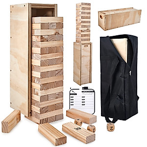 CELETOY Giant Stacking Game, Quick Set-up & Quick Storage Block Wooden Tower Game Set with Carrying Bag and Tumble Tower Box, Grows to Over 6ft, Lawn Games Backyard Outdoor