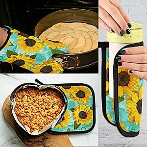 Oyihfvs Seamless Yellow Sunflowers on a Teal Blue Watercolor Texture Oven Mitts Pot Holders Sets Non-Slip Hot Pads Gloves for Kitchen Cooking Baking Grilling BBQ