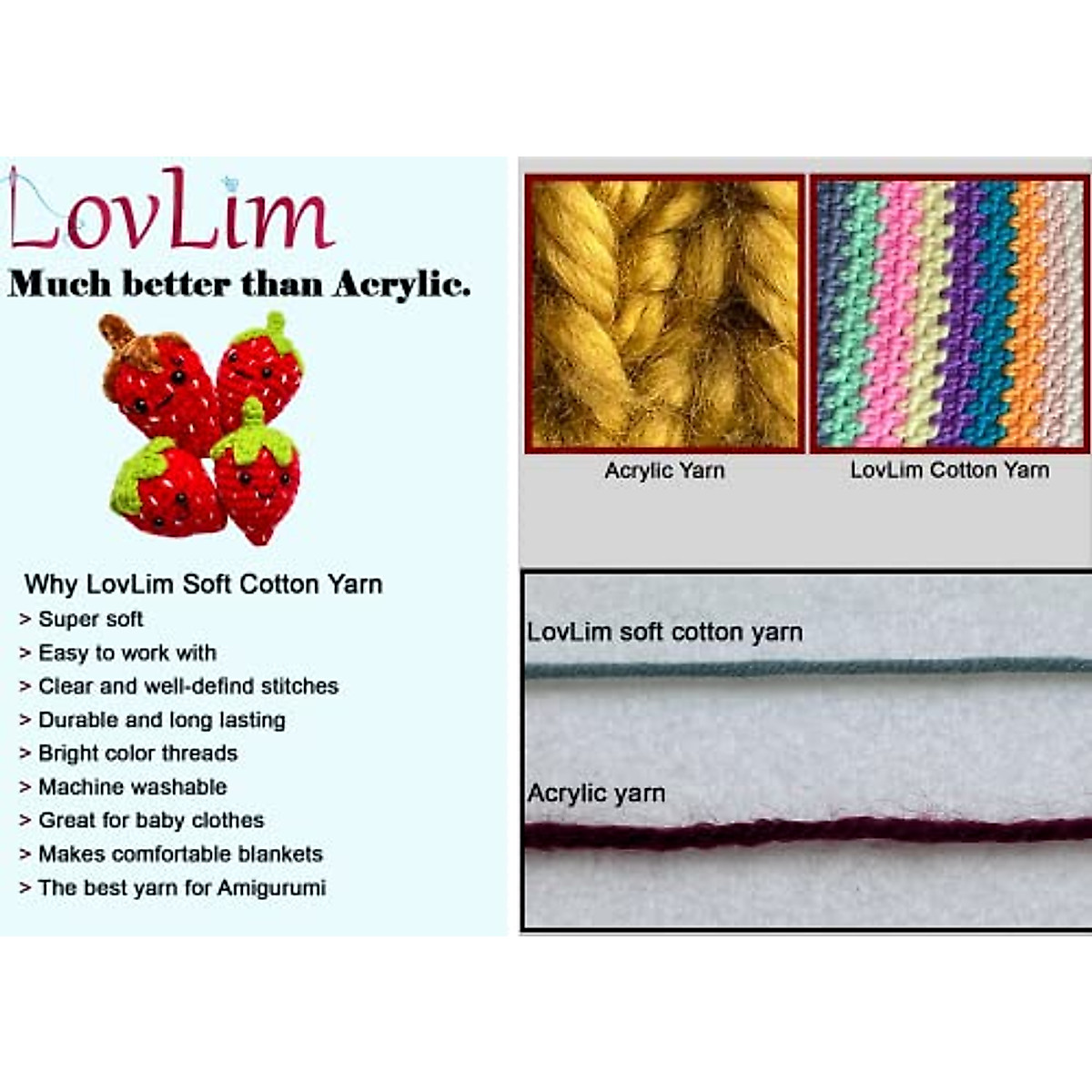 LovLim Crochet Yarn kit, 16 Soft Cotton Yarn Skeins,1000+ Yards, for Crochet and Knitting, Free Crochet/Amigurumi Patterns, Craft DK Yarn Perfect Starter Kit