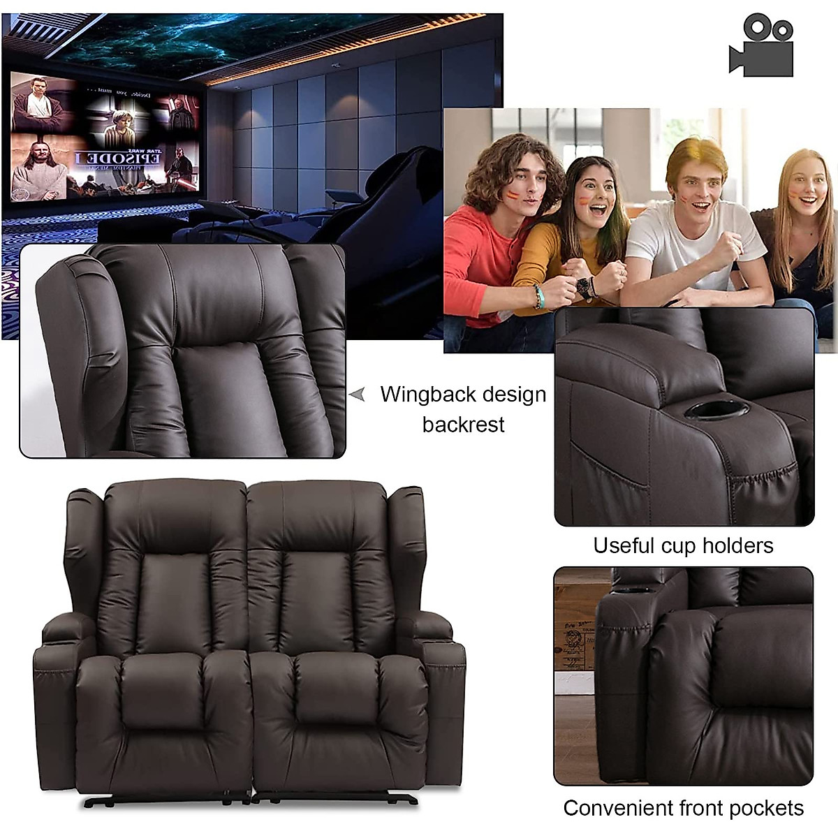 IPKIG 54.2" RV Loveseat Recliner | Double Recliner RV Sofa with Side Pockets | Faux Leather Reclining RV | RV Theater Seats |RV Theater Seating | RV Furniture, Manual Recliner Chair (Brown)