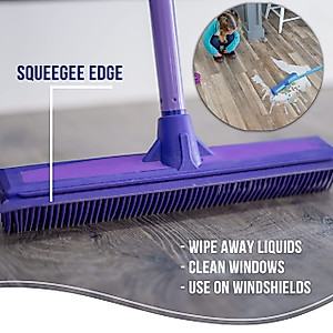 Don Aslett's Rubber Broom (12") and Hand Brush (10") Set | 59-inch Steel Pole | Multipurpose Synthetic Rubber Bristles Cleans Pet Cat or Dog Hair, Liquid Spills on Concrete & Hardwood Surface (Purple)