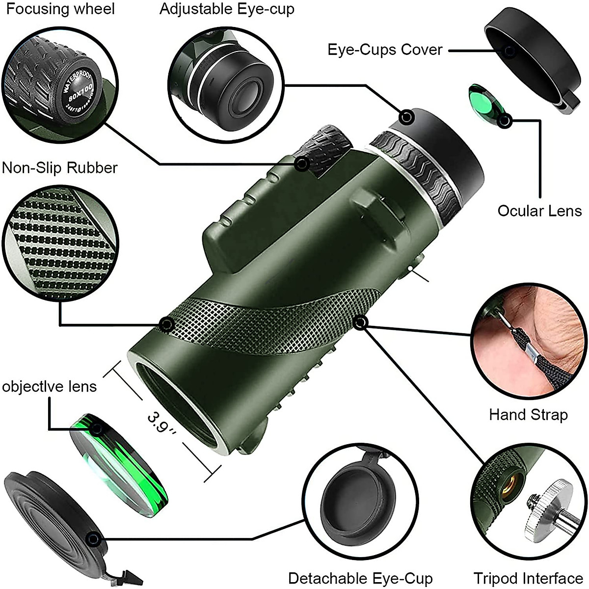 Monocular Telescope 80x100 High Power Monoculars for Smartphone with Tripod, HD Monocular for Adults, Lightweight BAK-4 Prism Monoculars for Hiking Hunting Stargazing Bird Watching-Green