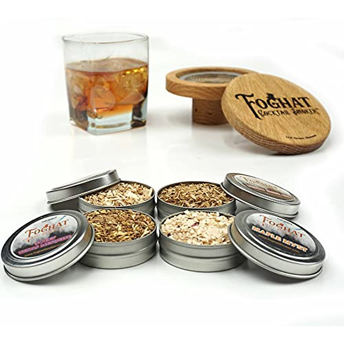 Foghat Fuel Sampler Four Pack | Whiskey Barrel Oak, Old Hickory, Sweet Texas Mesquite, Maple Myst Wood Shavings, 4 x 1oz | Cocktail and Culinary Wood Chips for Smoking