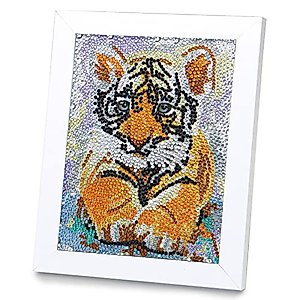 AyuqEjus 5D Diamond Painting Kits for Kids with 7.1"X7.1"Wooden Frame, Diamond Art for Kids Ages 6-12 by Number Kits DIY Painting Arts and Crafts,Diamond Dots for Kids Gift (Tiger-Cub)