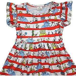 Baby Girl Spring Summer Cat in The Hat Red White Stripe Children Pearl Flutter Sleeve Boutique Dress (7T)