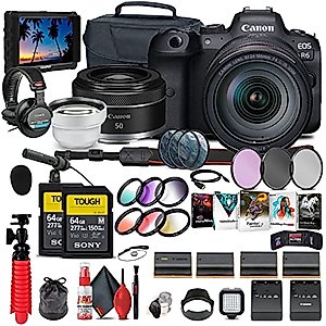 Canon EOS R6 Mirrorless Digital Camera with 24-105mm f/4L Lens (4082C012) + Canon RF 50mm f/1.8 STM Lens + 4K Monitor + Headphones + Pro Mic + 2 x 64GB Tough Card + Color Filter Kit + More (Renewed)