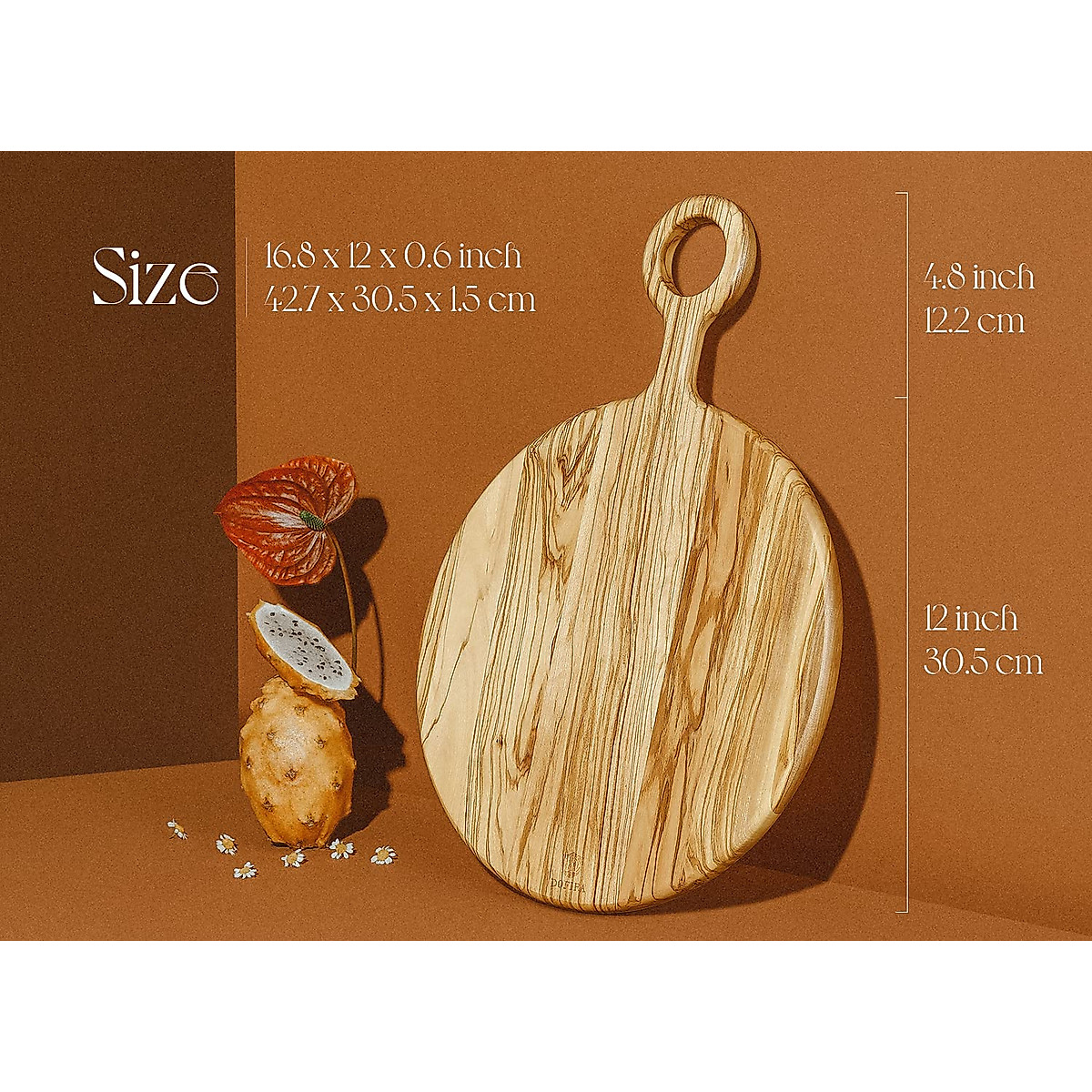 Dofira Italian Olive Wood Round Cutting Board with Ring Handle, Decorative Wooden Serving Board for Kitchen, Reversible Charcuterie Platter for Cheese, Pizza, Bread, Meat, Fruits, 17x12in [Gift Box]
